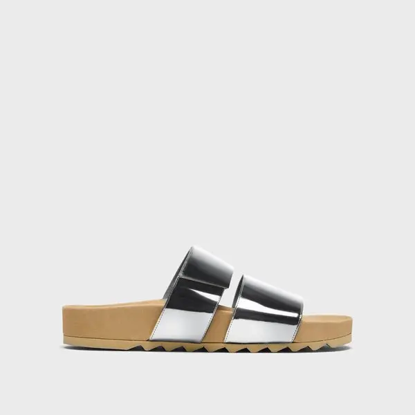 Theory Metallic Leather Slide Sandals - Silver