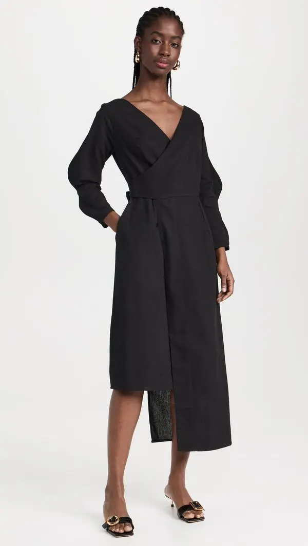 black asymmetrical wrap dress Hooded Linen Wrap Dress, Asymmetrical Maxi Dress with Hood