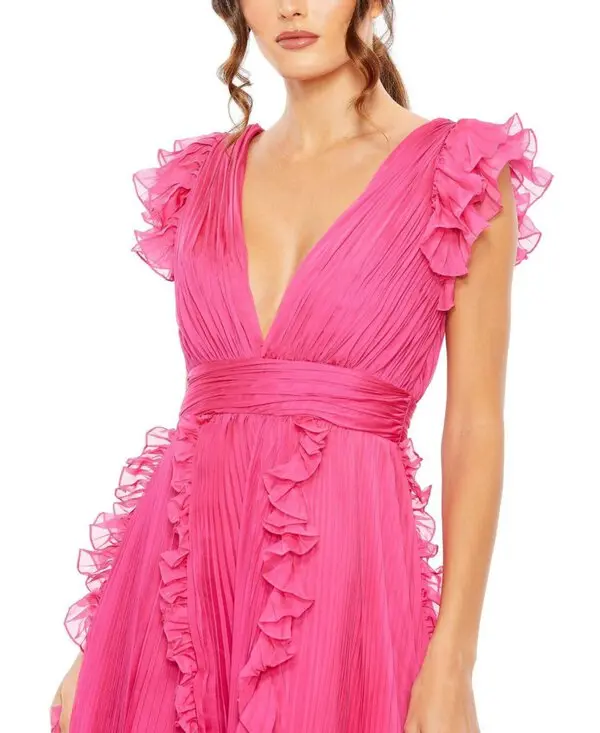 Mac Duggal Ieena Pleated Ruffle Gown - Fuchsia