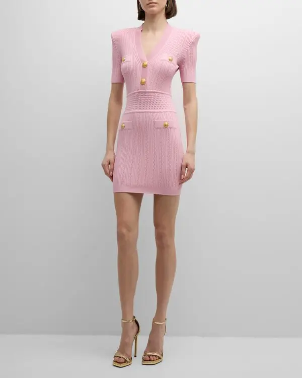 Balmain Pointelle Knit Mini Dress With Padded Shoulders - Pink |  Editorialist