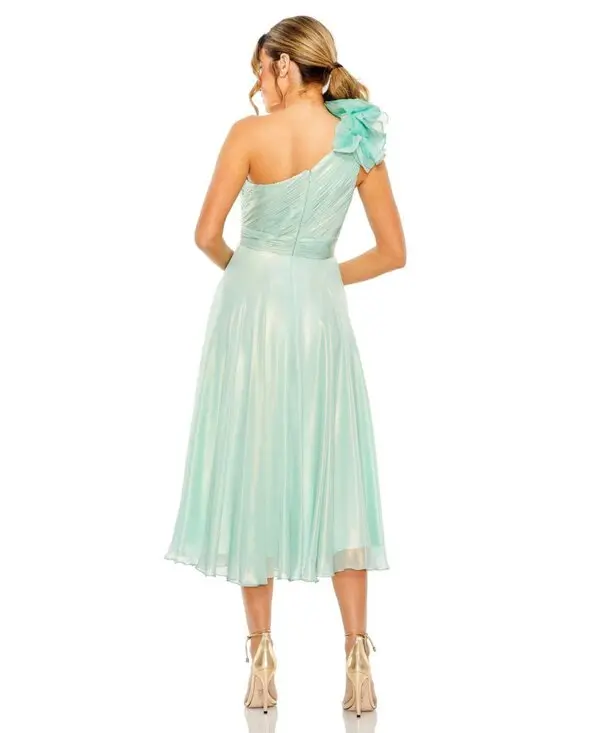 Mac Duggal Rosette One-shoulder Tea-length Dress - Sage