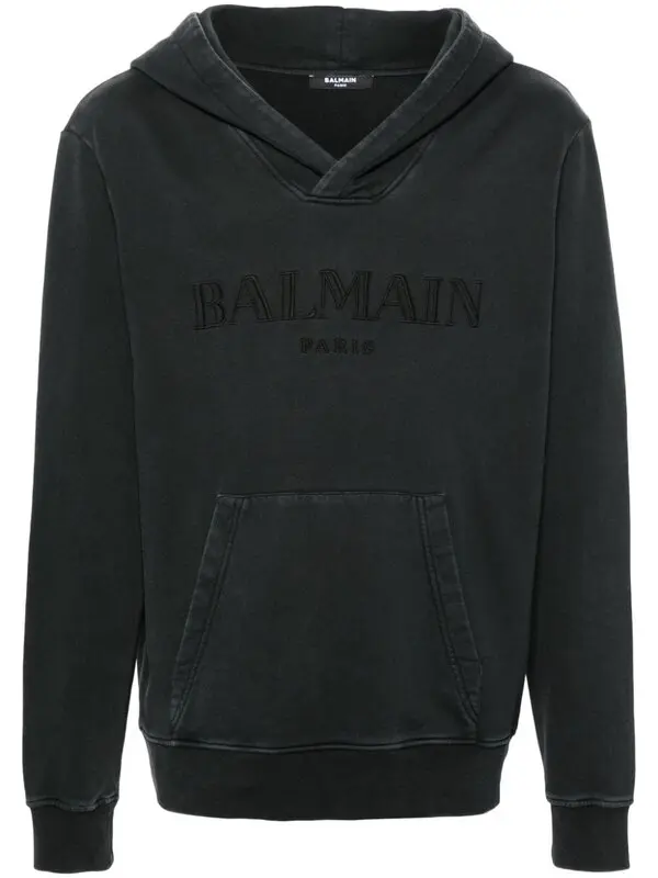Balmain Logo-embroidered Cotton Hoodie - Grey