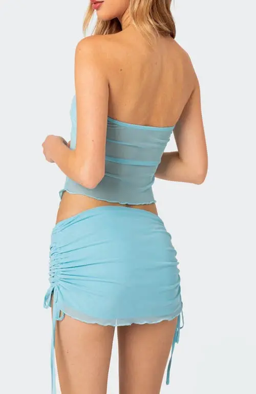 EDIKTED Asymmetrical Mesh Tube Top With Drawstring Ruching - Turquoise