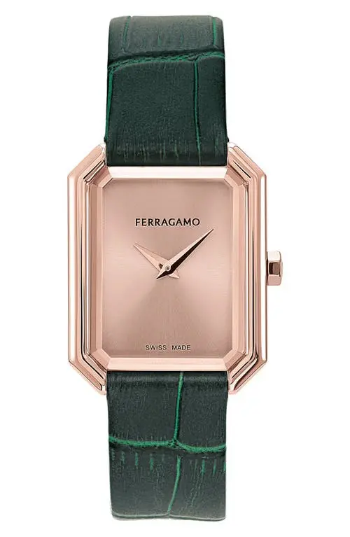 FERRAGAMO Crystal Leather Strap Watch - Ip Rose Gold