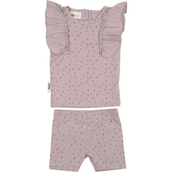 MANIÈRE Petals & Polka Dots Flutter Sleeve Top & Shorts Set - Mauve