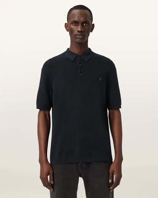 ALLSAINTS Aspen Waffle Texture Ramskull Polo Shirt - Blue