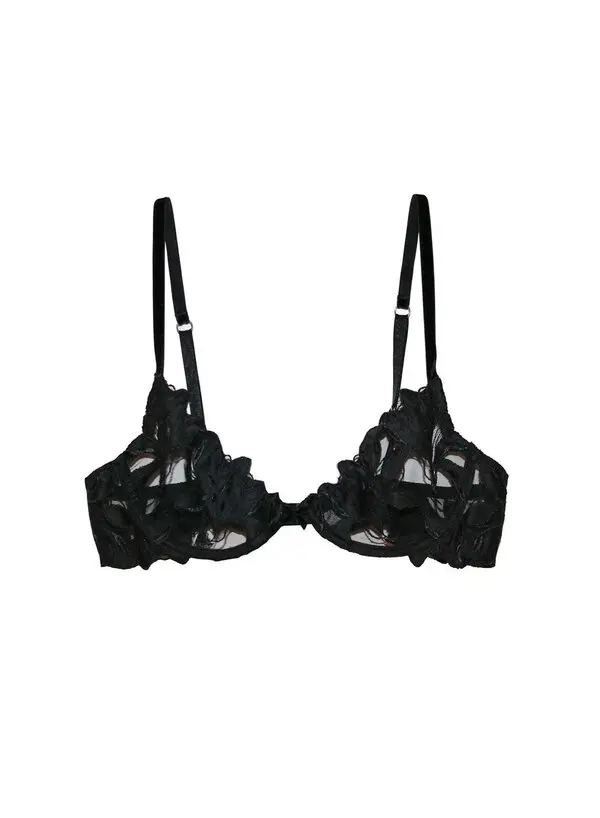 Fleur Du Mal Lily Embroidery Plunge Demi Bra - Black