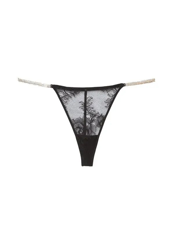 Fleur Du Mal Crystal Bouquet Lace V-string - Black