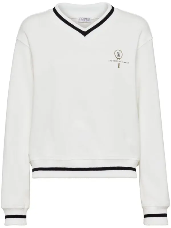 Brunello Cucinelli Logo-printed Striped-trim Sweatshirt - White