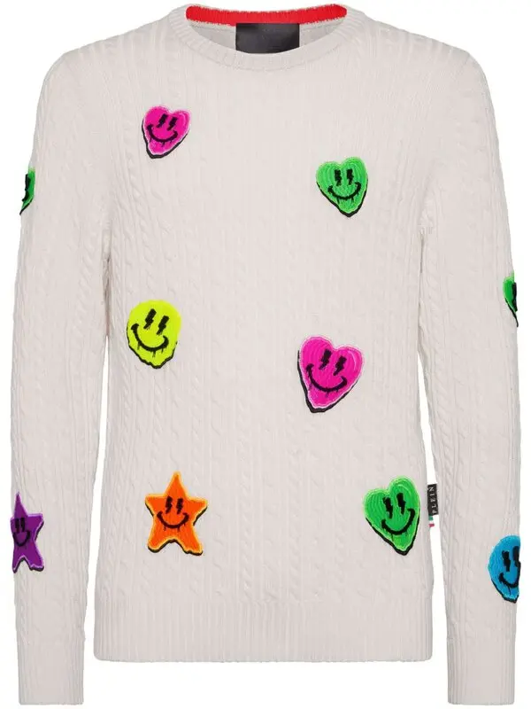Philipp Plein Appliqué Cable-knit Jumper - White