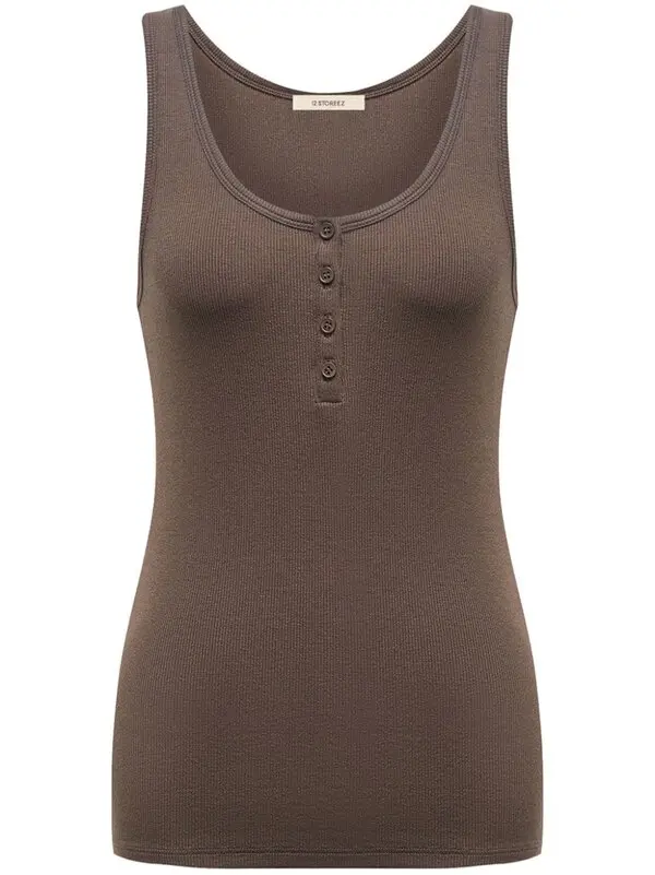 12 STOREEZ Rib-knit Henley Tank Top - Brown