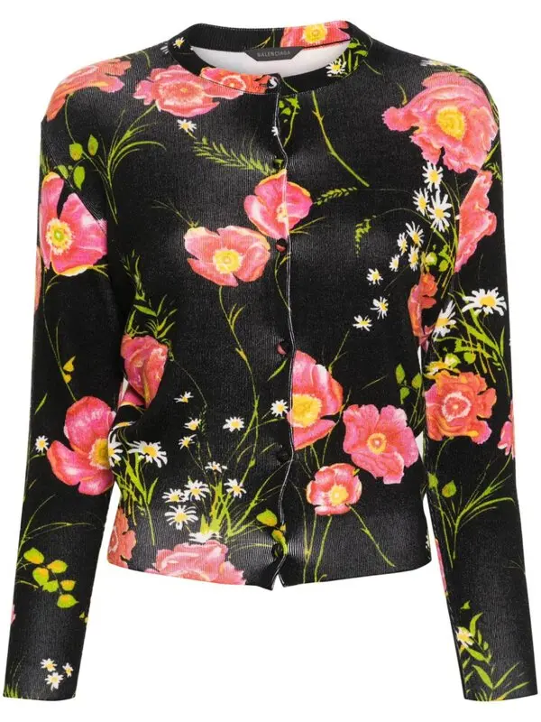 Balenciaga Floral-print Wool Cardigan - Black
