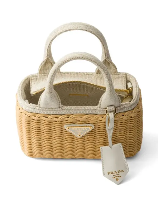 Prada Wicker Triangle-Logo Tote Bag - Neutrals | Editorialist