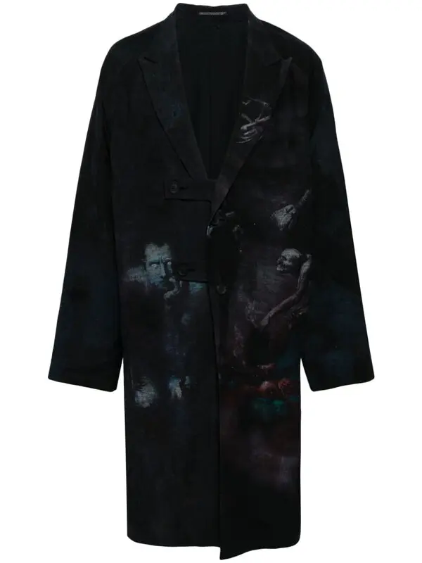 Yohji Yamamoto Single-breasted Graphic-print Coat - Black