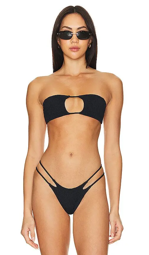 INDAH Janice Smocked Bandeau Bikini Top - Black