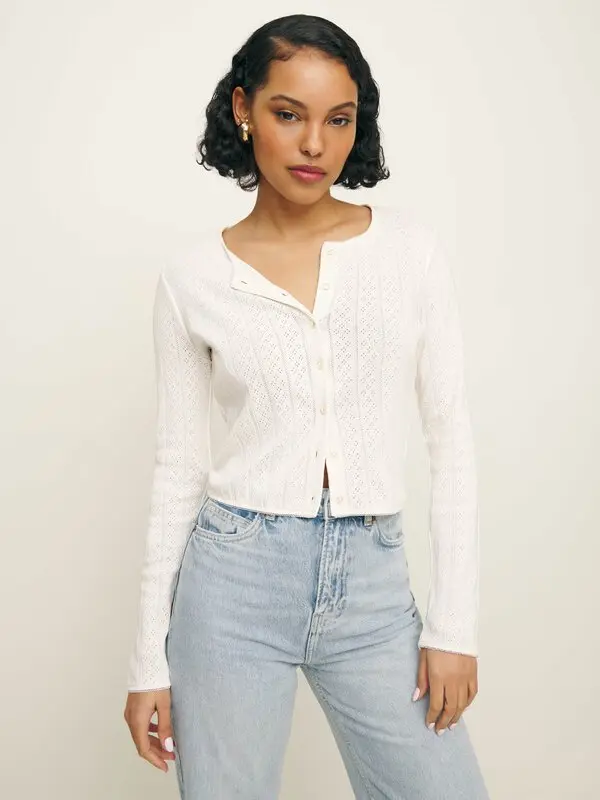 REFORMATION Ari Pointelle Knit Cardigan - Ivory