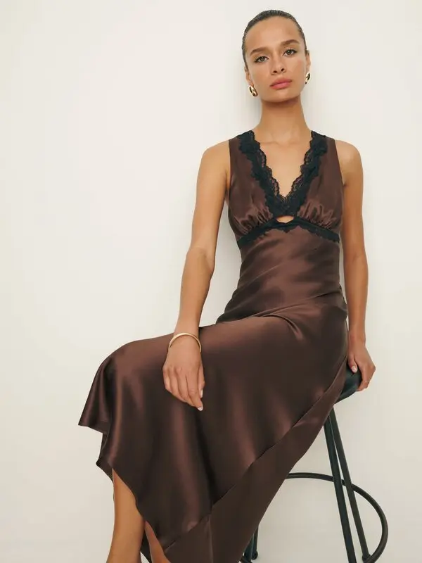 Reformation Aliceyn Silk Maxi Dress With Lace Detailing In Cafe - 50% Off |  Editorialist