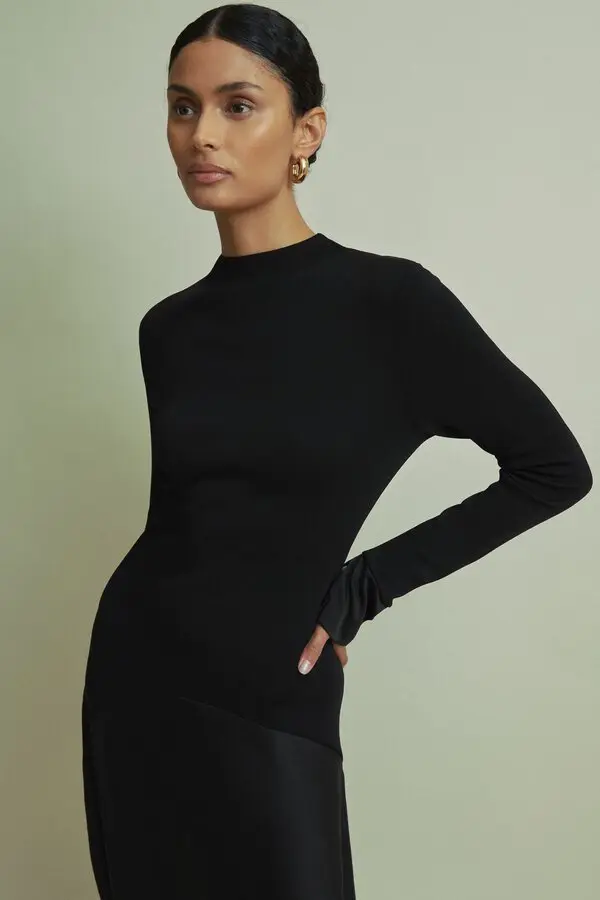 florere hybrid knit satin midi dress FLORERE black Knit And Woven Mix hybrid Midi Dress  Florere