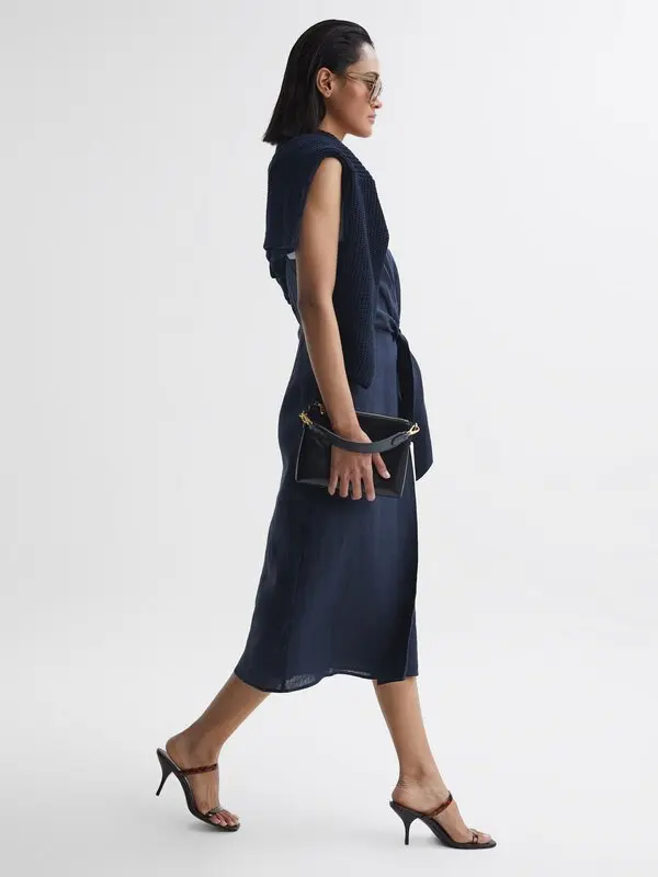 Reiss Esme Linen Side Tie Midi Dress - Navy - 76% Off | Editorialist