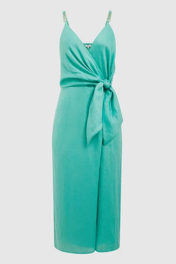 reiss esme linen side tie midi dress Reiss Linen Side Tie Midi Dress in Blue