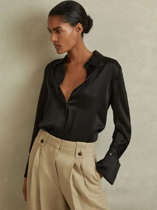 REISS Silk Double-cuff Button-through Shirt - Black