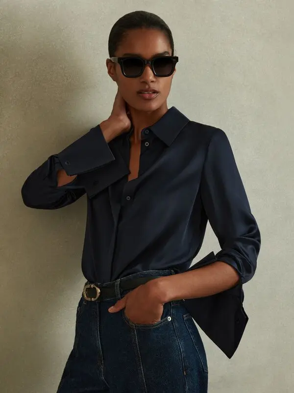 REISS Silk Double-cuff Button-through Shirt - Navy