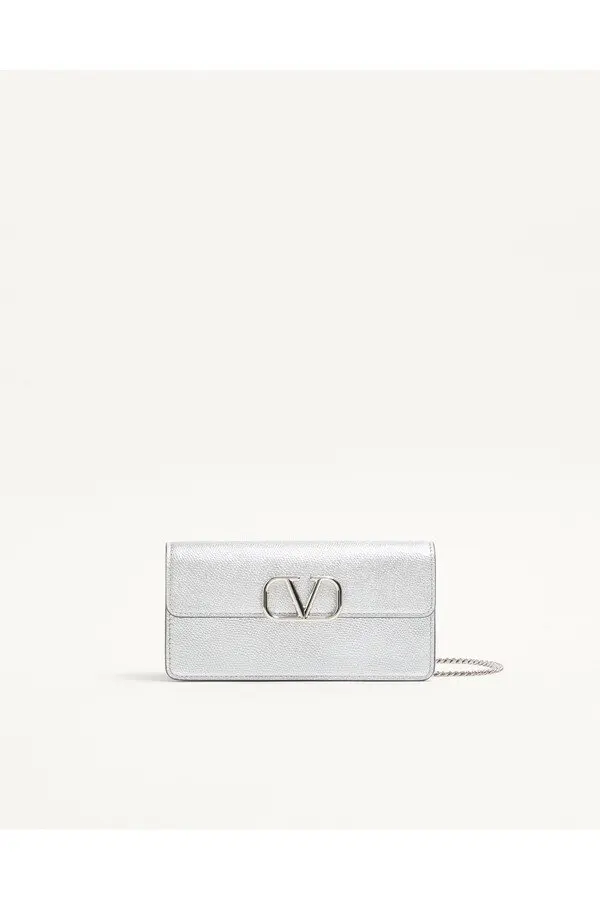 Valentino Garavani Vlogo Signature Metallic Grainy Calfskin Wallet With Chain - Silver