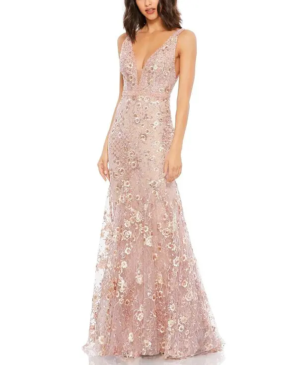 Mac Duggal Floral Embellished Plunge Neck Gown - Rose Pink