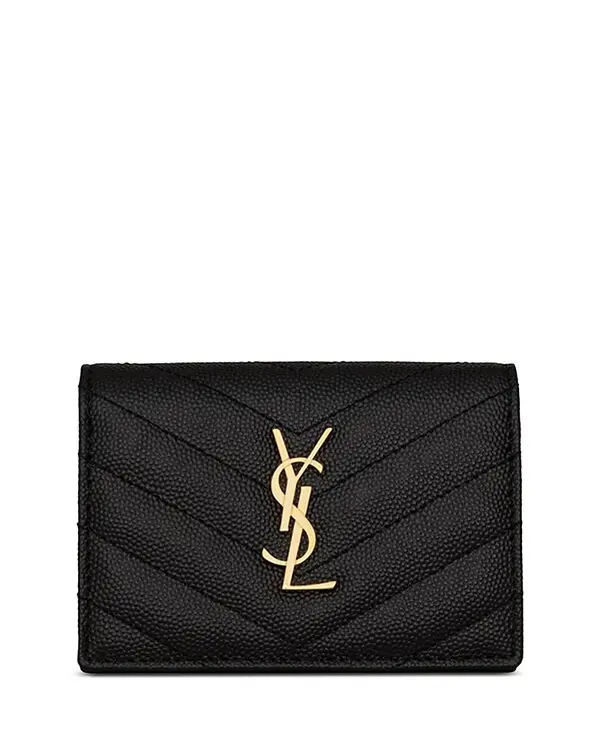 Saint Laurent Cassandre Matelasse Business Card Case - Black Grain Leather/gold