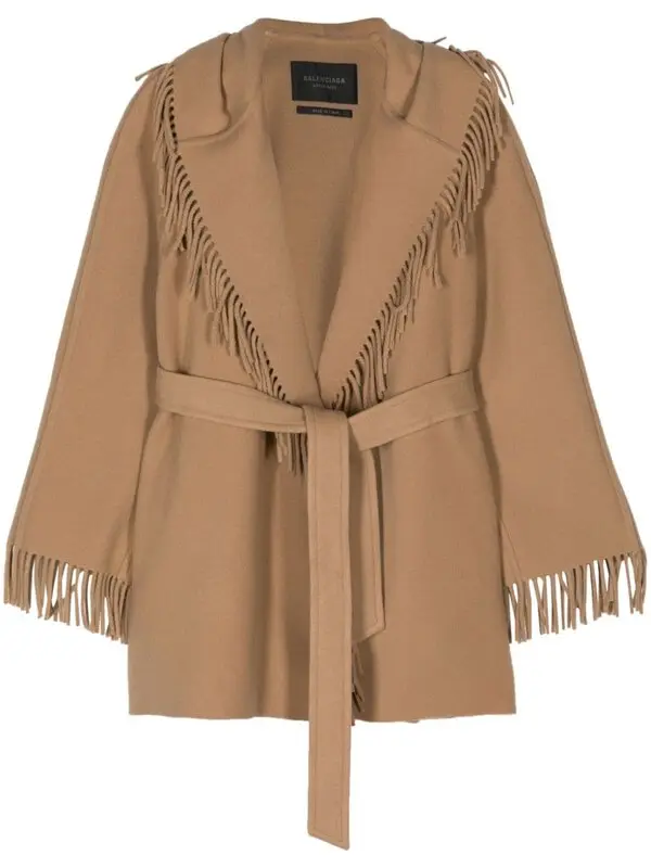 Balenciaga Felted Wool Cardigan Coat With Fringed Edge And Hood - Neutrals