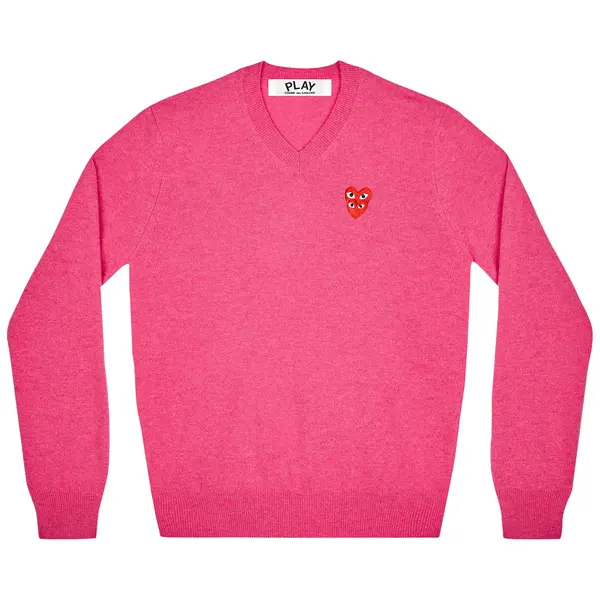 Play Comme Des Garcon Double Heart Logo V-neck Sweater - Pink