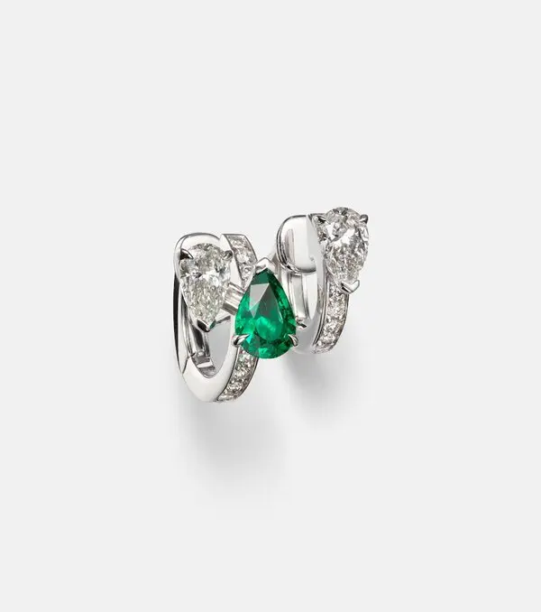 REPOSSI 18kt White Gold Emerald & Diamond Hoop Earring - Metallic