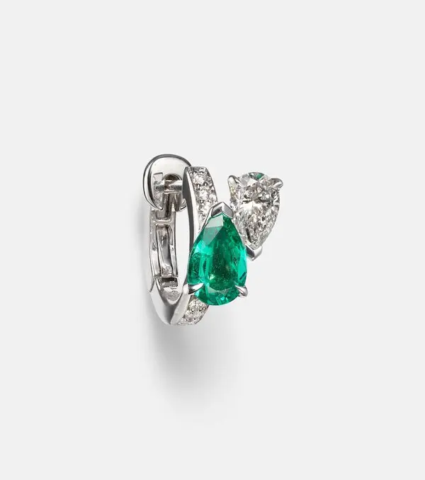 REPOSSI 18kt White Gold Emerald & Diamond Hoop Earring - Metallic