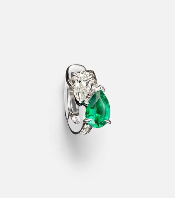 REPOSSI Single Hoop Earring In 18kt White Gold With Diamonds And Emerald - Silver