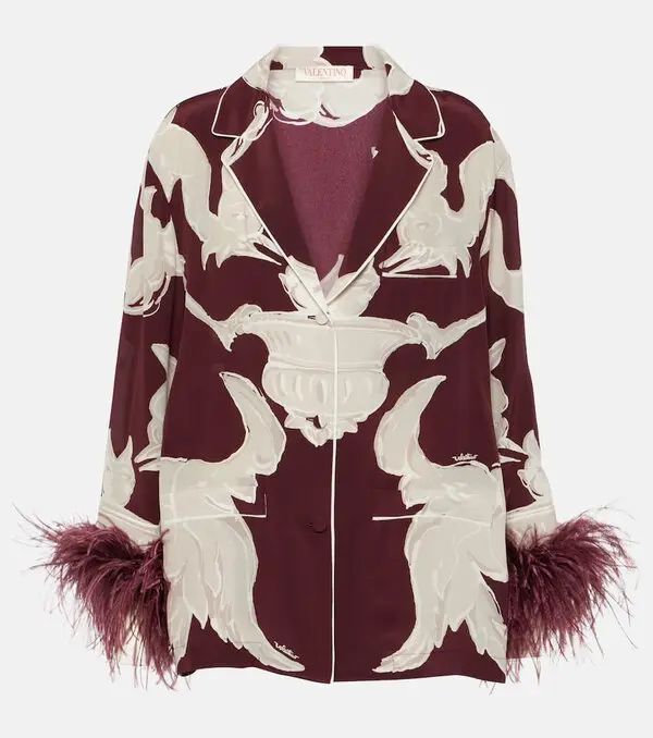 Valentino Garavani Printed Feather-trimmed Silk Blouse