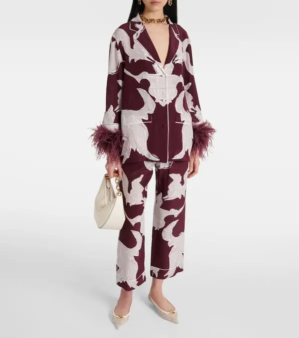 Valentino Garavani Printed Feather-trimmed Silk Blouse