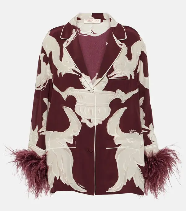 Valentino Garavani Printed Feather-trimmed Silk Blouse - Red