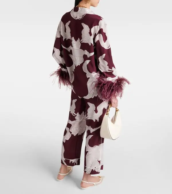 Valentino Garavani Printed Feather-trimmed Silk Blouse