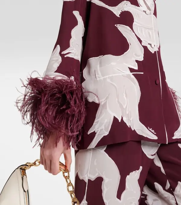 Valentino Garavani Printed Feather-trimmed Silk Blouse