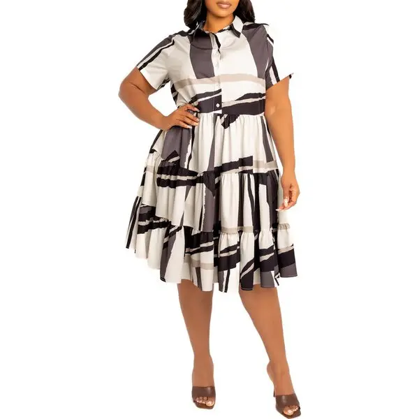 BUXOM COUTURE Print Tiered Shirtdress - Beige Multi