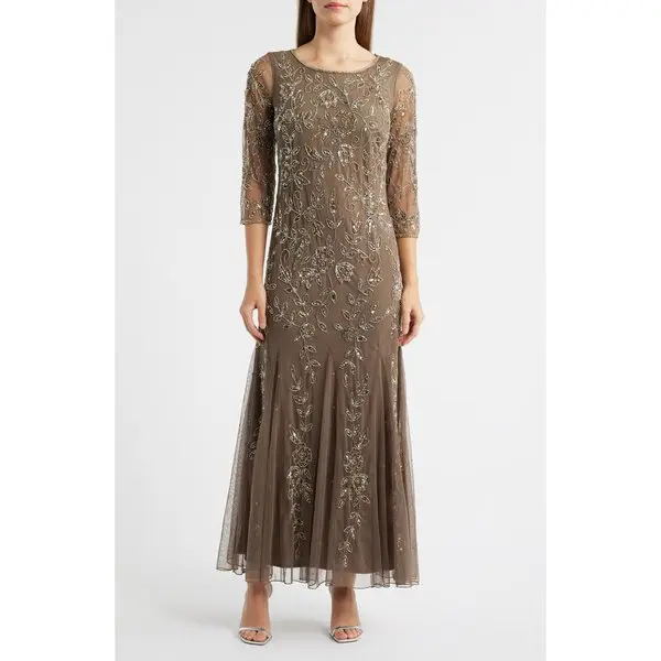 Pisarro Nights Floral Beaded Tulle Gown - Mocha