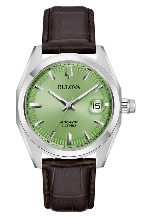 Bulova Surveyor Automatic Leather Strap Watch - Silverone