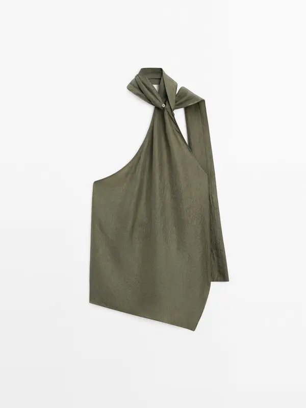 Massimo Dutti Asymmetric Halterneck Top - Moss | Editorialist