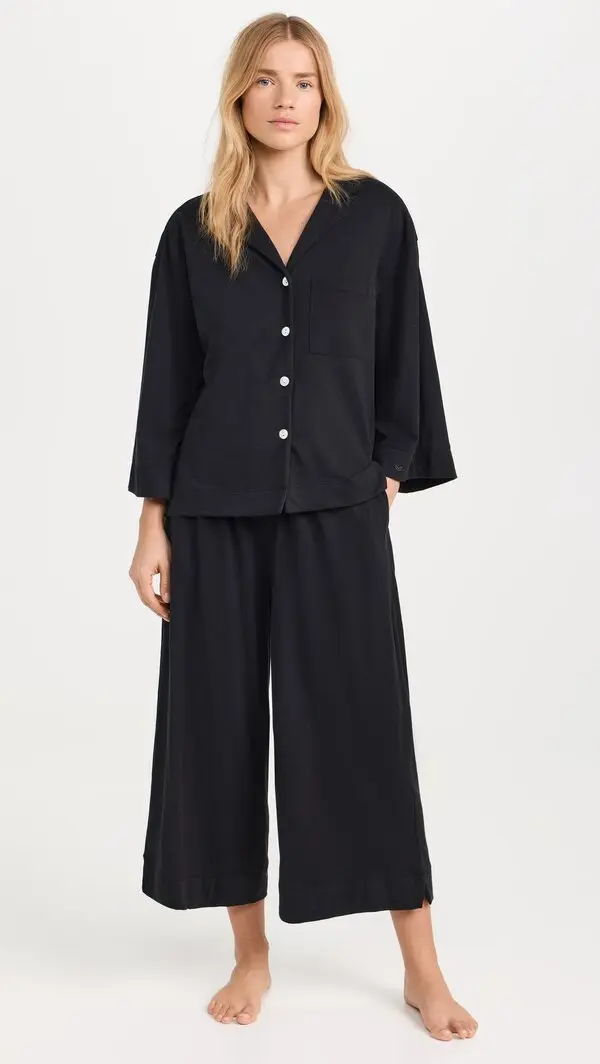 PETITE PLUME Luxe Pima Wide Leg Pajama Set - Black