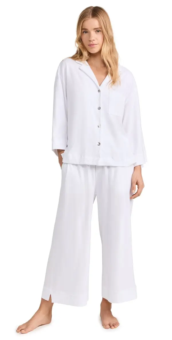 PETITE PLUME Luxe Pima Wide Leg Pajama Set - White