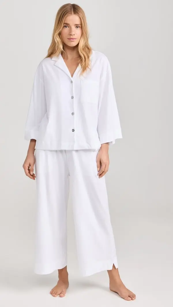 PETITE PLUME Luxe Pima Wide Leg Pajama Set - White
