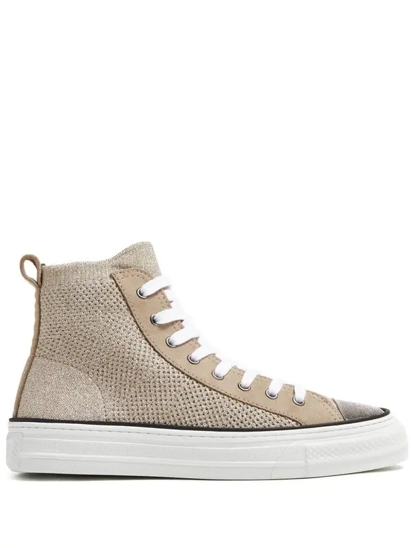 Brunello Cucinelli Monili-embellished Metallic-knit High-top Sneakers