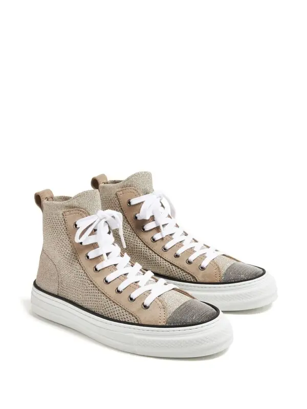 Brunello Cucinelli Monili-embellished Metallic-knit High-top Sneakers