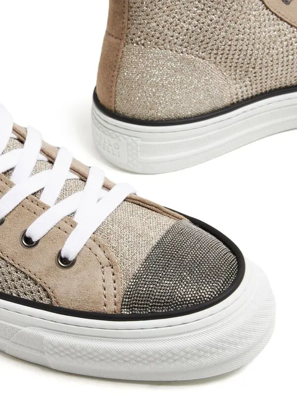 Brunello Cucinelli Monili-embellished Metallic-knit High-top Sneakers
