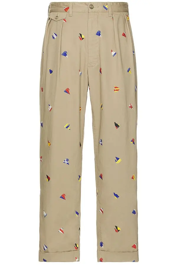 BEAMS 2 Pleats Trousers Embroidery On Print In Brown